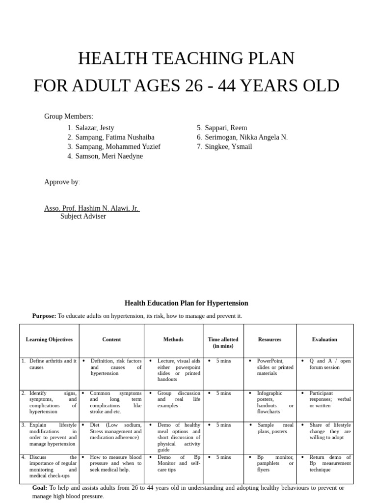 Health Education Plan For Hypertension | PDF | Hypertension | Medical Specialties