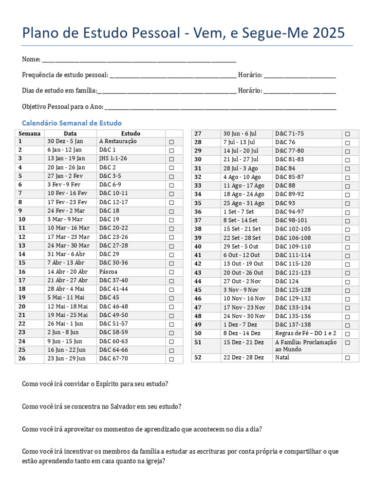 Plano Estudo Vem Segue Me 2025 | PDF