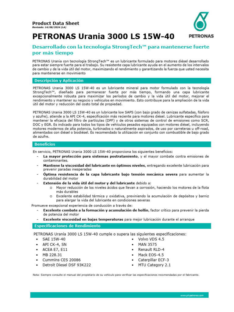 FT - PETRONAS Urania 3000 LS 15W40 | PDF | Lubricante | Combustible diesel