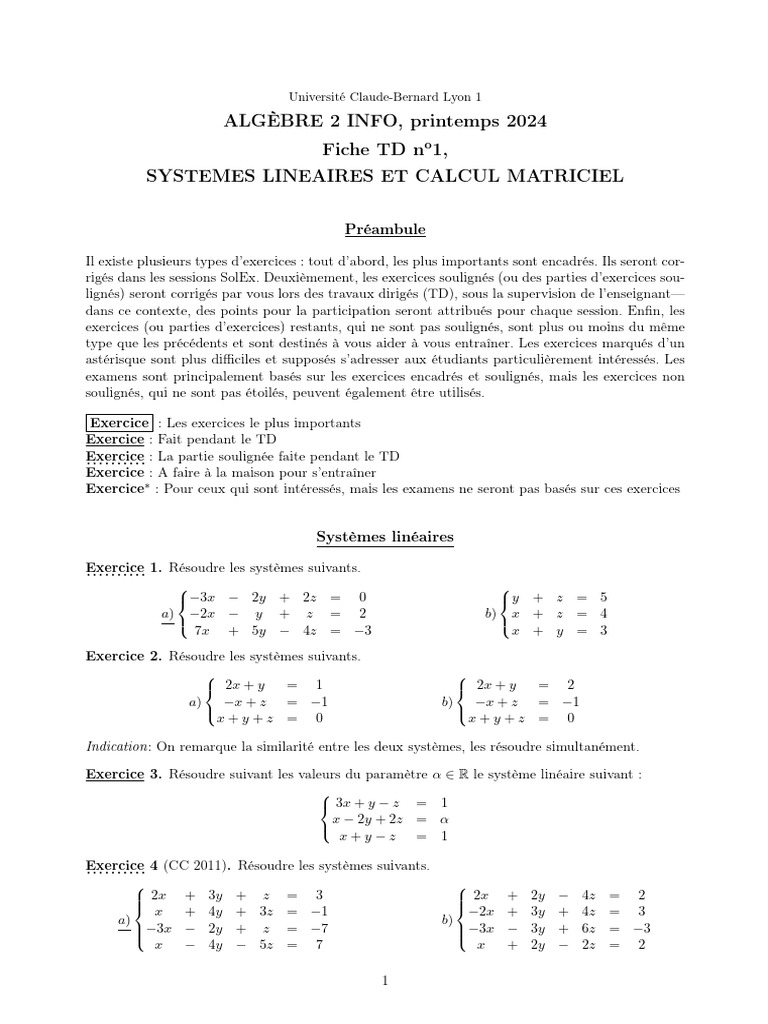 Systèmes Linéaires et Calcul Matriciel | PDF | Matrice (Mathématiques ...