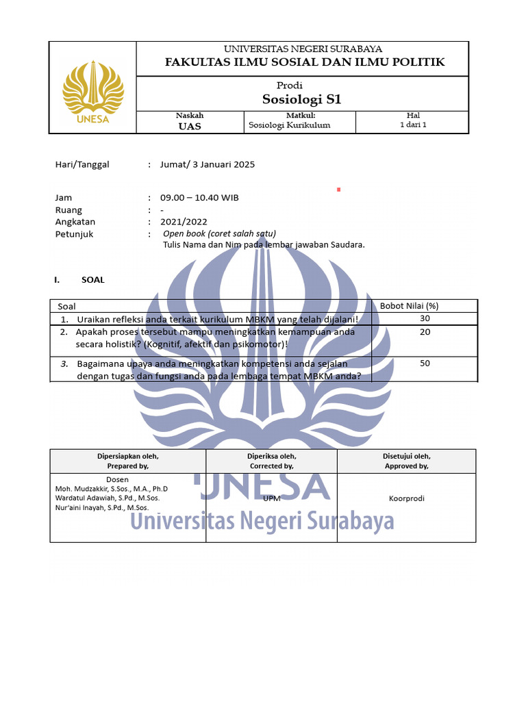 Soal UAS OBE 2024 Sosiologi Kurikulum.docx | PDF
