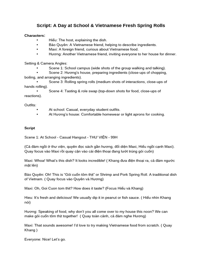 Script - A Day at School & Vietnamese Fresh Spring Rolls | PDF ...
