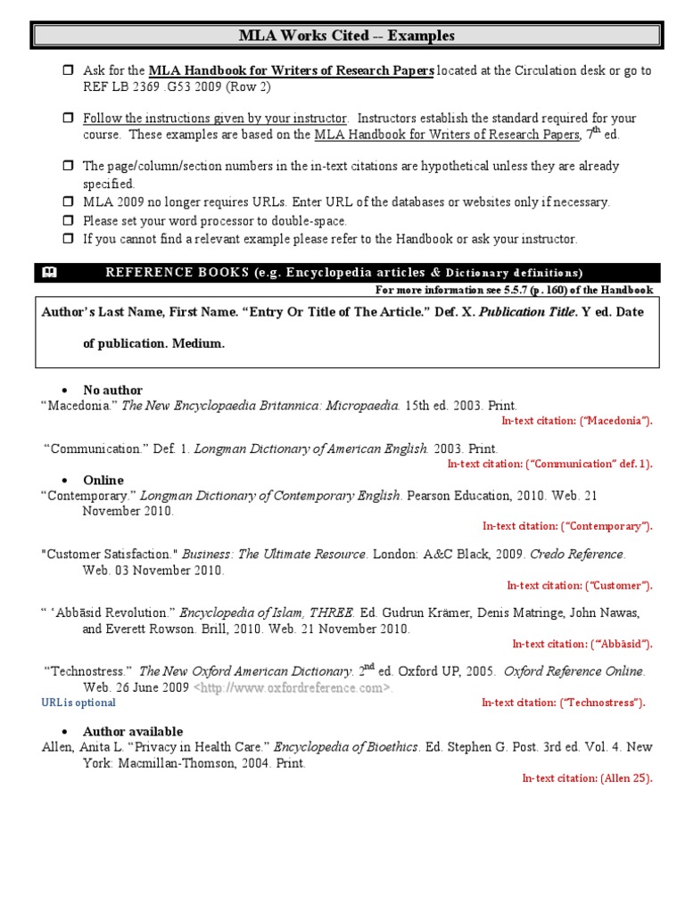 MLA Works Cited - Examples: REFERENCEBOOKS (E.g. Encyclopedia Articles ...