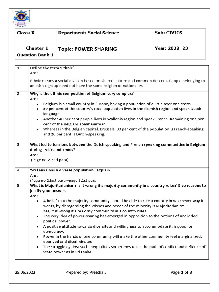 7425042-QB.no.1.Class.X. Power Sharing (Civics)Preetha. | PDF | Sri Lanka | Belgium