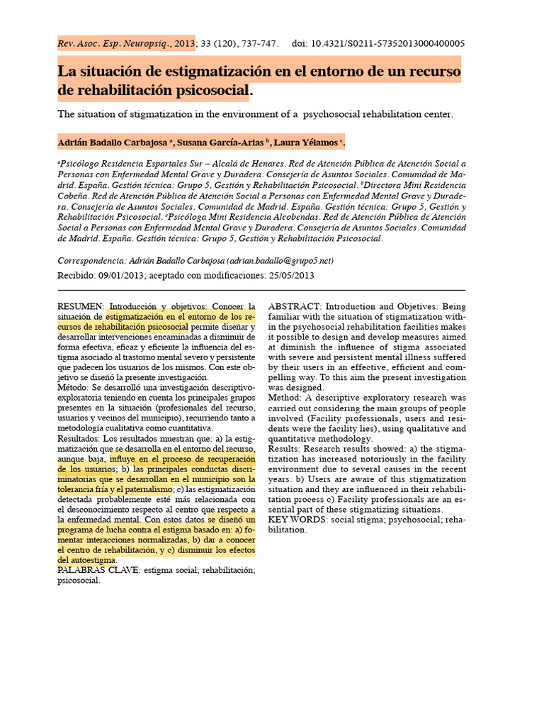 La situación de estigmatización en el entorno de un recurso de ...