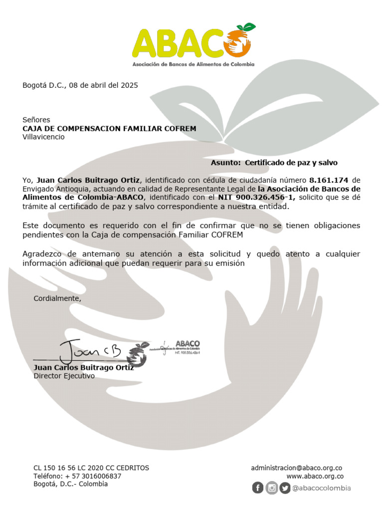 Carta de Solicitud Paz y Salvo COFREM | PDF