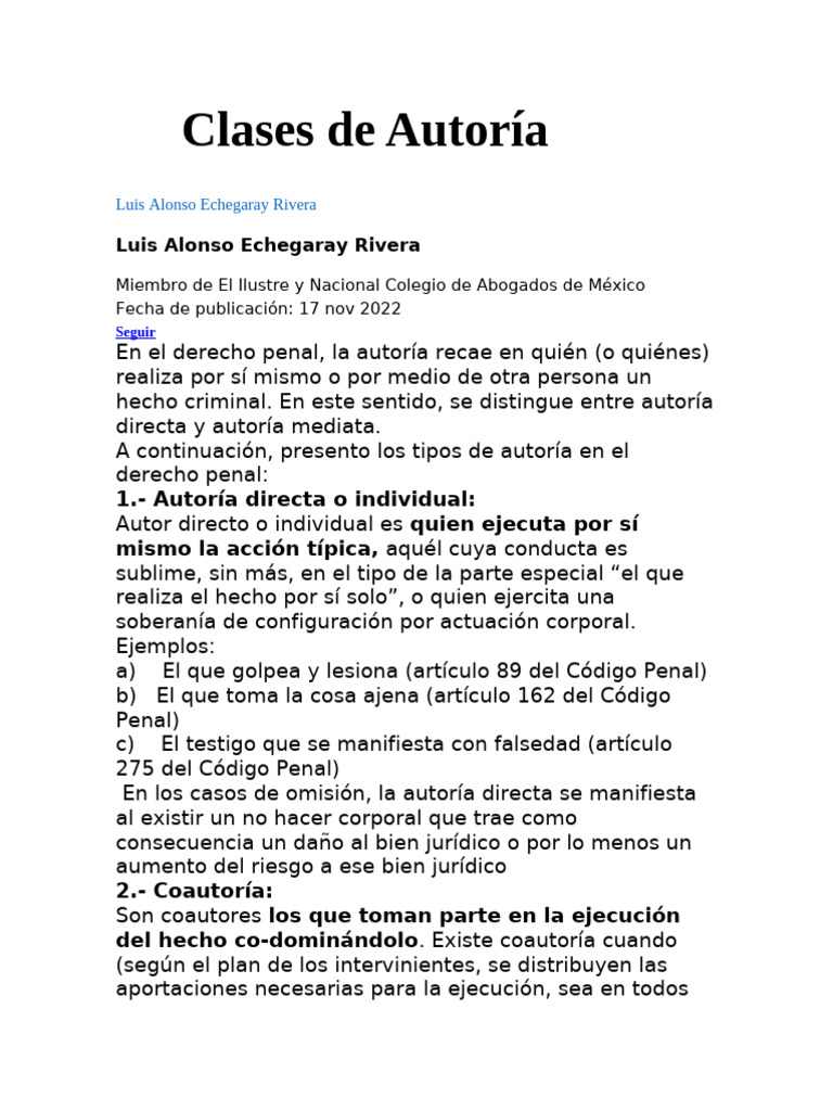 Tipos de Autoría en Derecho Penal | PDF | Intención (Derecho Penal ...