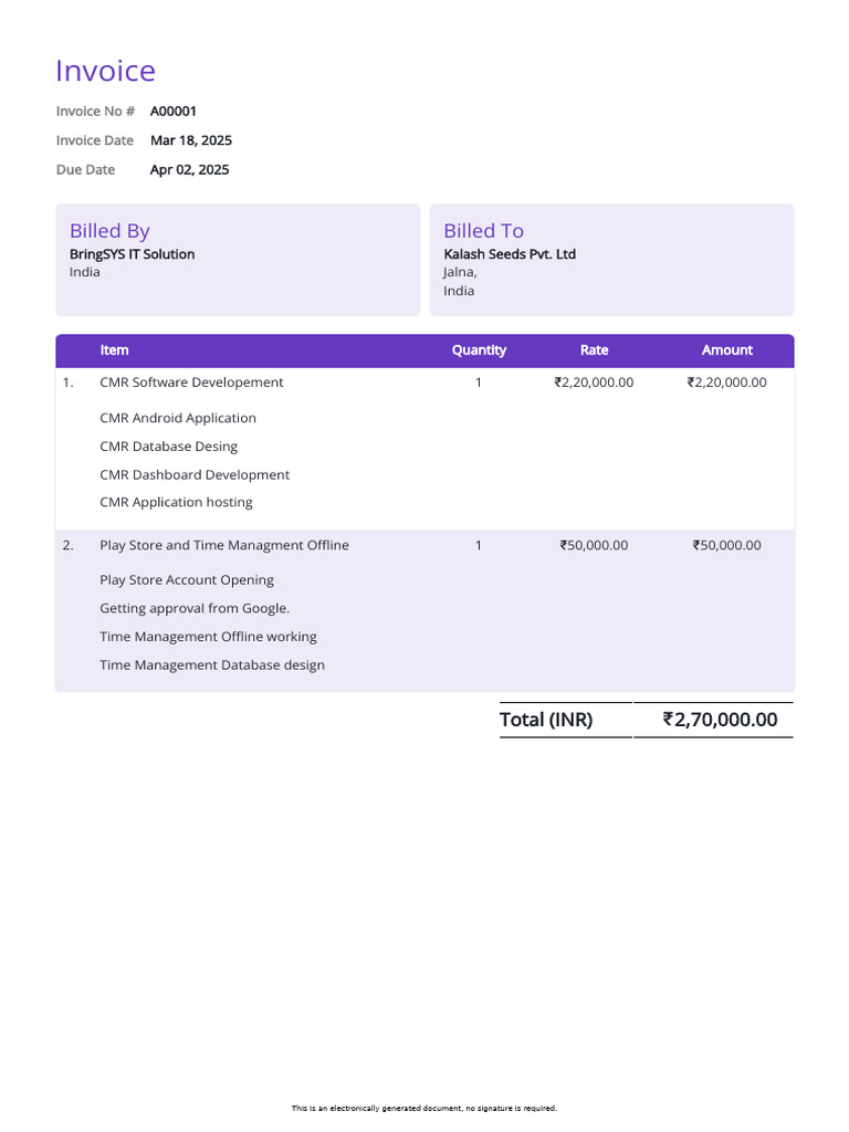 Kalash Seeds Invoice for Software Services | PDF