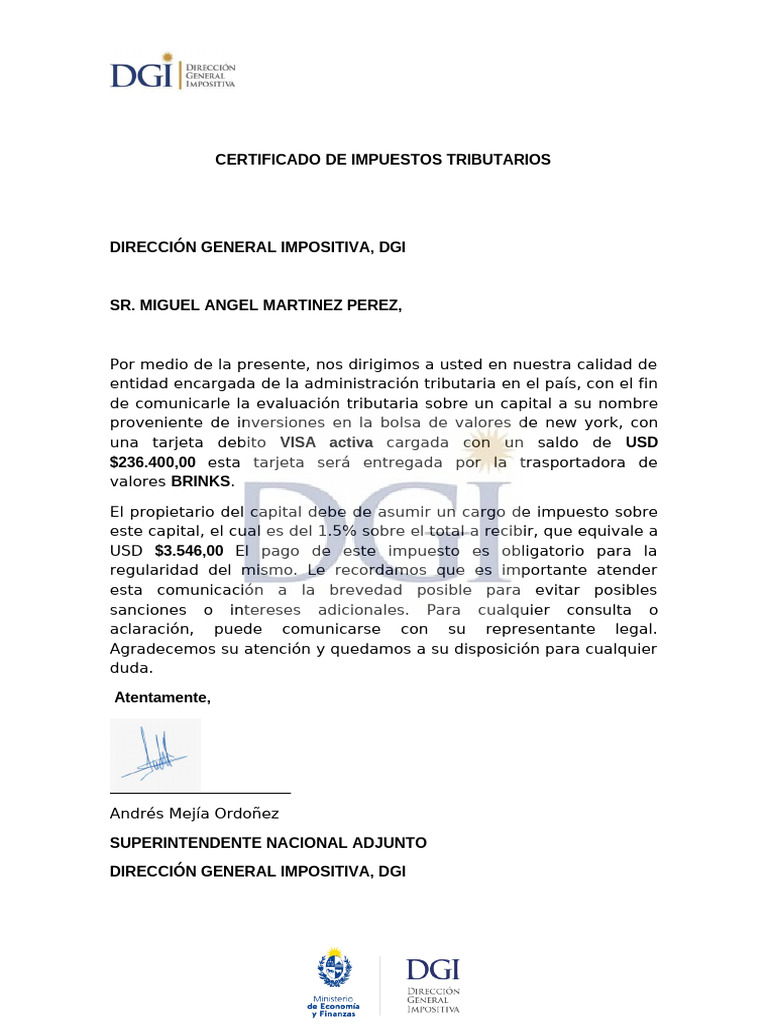 Certificado Tributario Dgi Miguel Angel Martinez | PDF