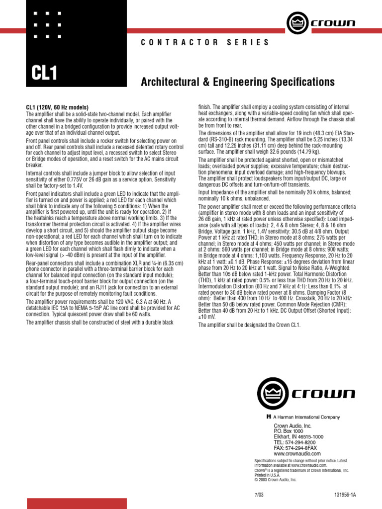 CL1 AE Spec Sheet 131956 | PDF | Amplifier | Distortion