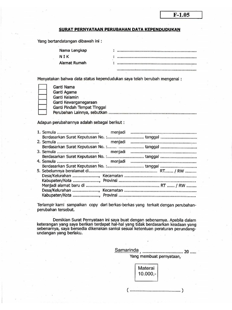 Surat Pernyataan Perubahan Data Kependudukan - 1 | PDF
