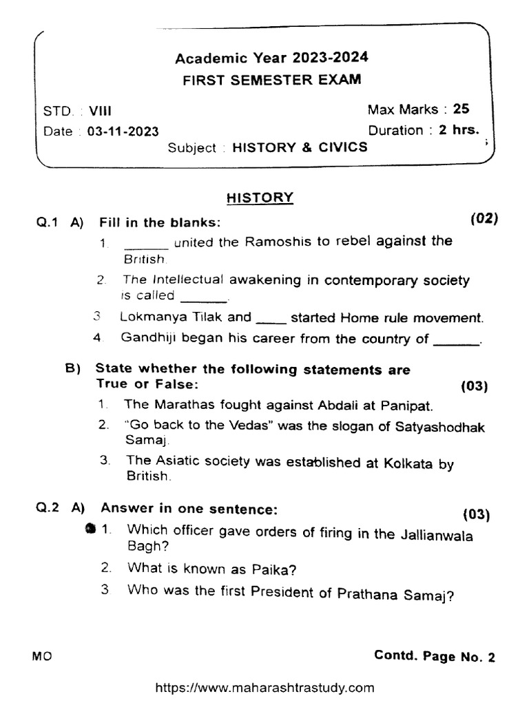 Mh Board Class 8 1 Sem History and Civics 270924 Nov 2023 | PDF