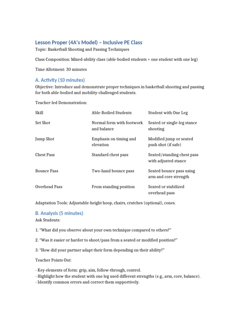 Inclusive PE Lesson Plan 4as | PDF | Learning