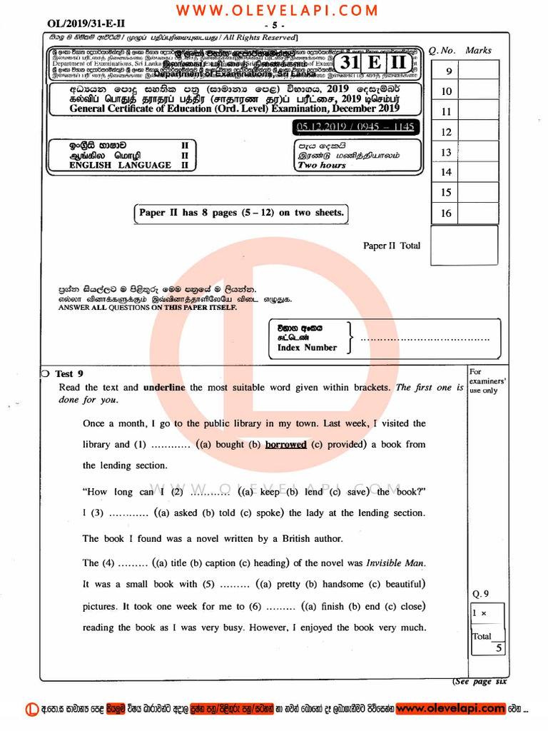 2019 Ol English Part I MCQ Paper Olevelapi PDF | PDF | Workweek And Weekend