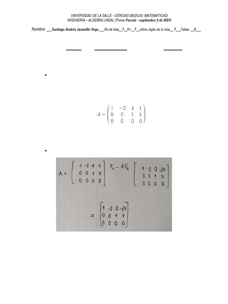 Parcial 1 | PDF | Matriz (Matemáticas) | Álgebra lineal
