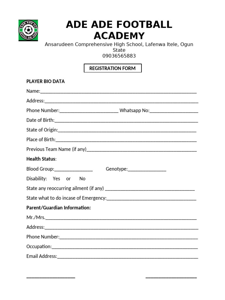 Football Academy Registration Form | PDF