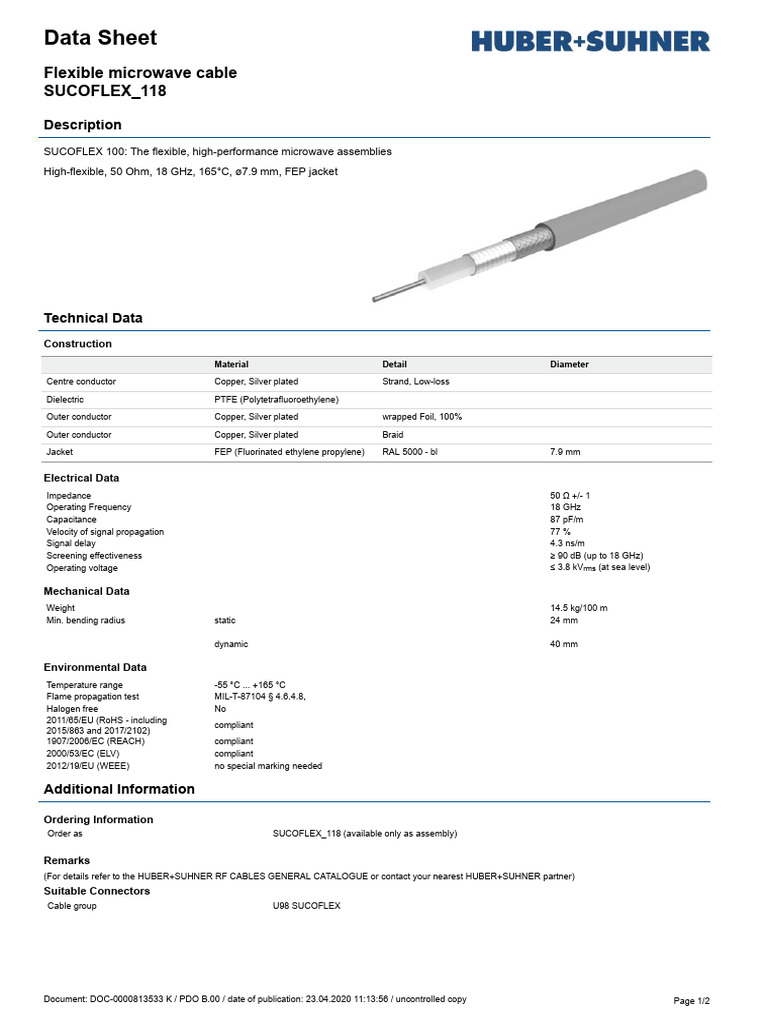 SUCOFLEX 118 Microwave Cable Data Sheet | PDF | Electromagnetism ...