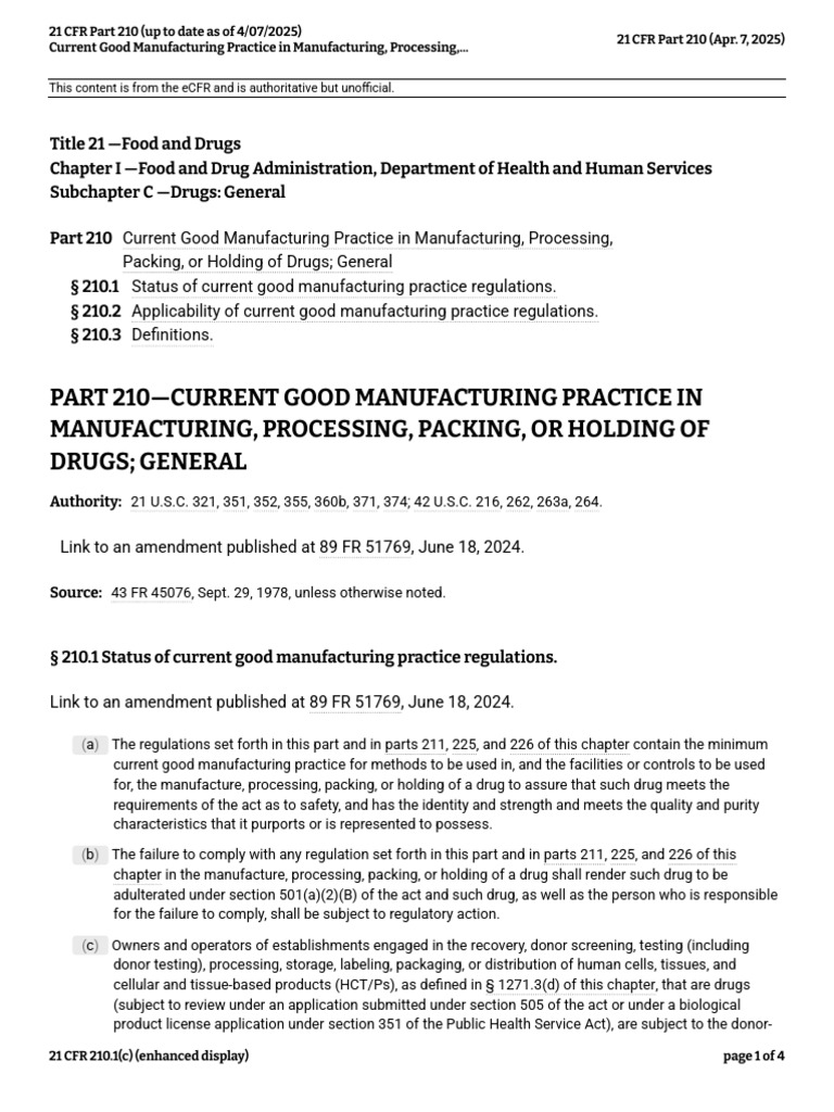 21 CFR Part 210: GMP Regulations | PDF | Sampling (Statistics) | Code ...