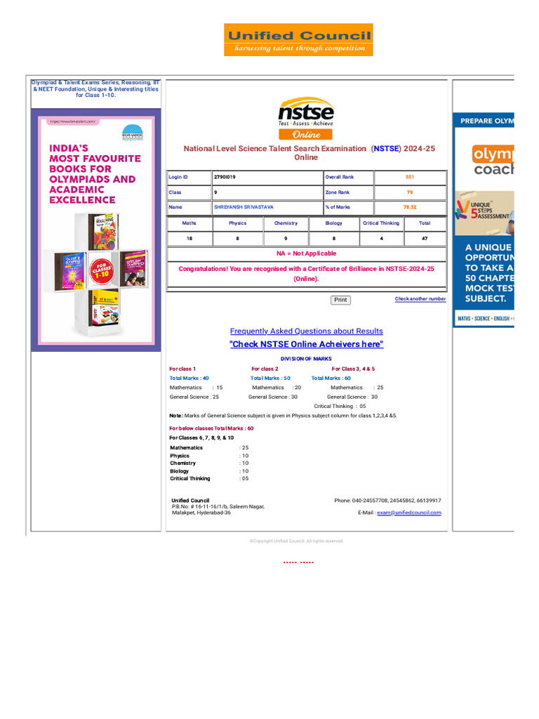 NSTSE 2024-25 Results Overview | PDF | Educational Stages | Qualifications