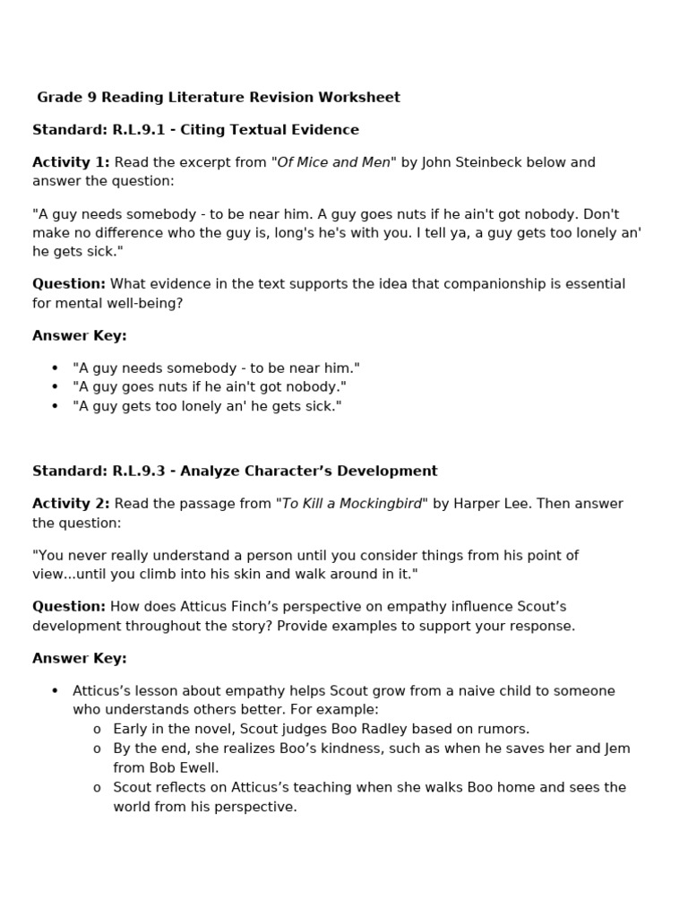 Grade 9 Literature Revision Worksheet | PDF