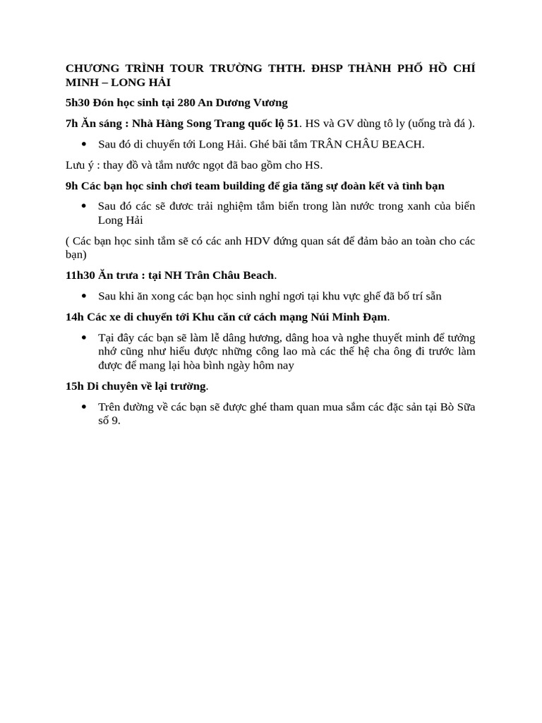 CHƯƠNG TRÌNH TOUR TRƯỜNG THTH | PDF