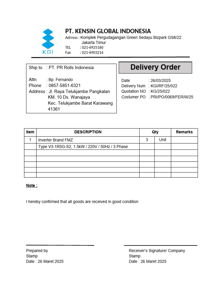 Surat Jalan No. 022 PT. PR ROLLS INDONESIA | PDF