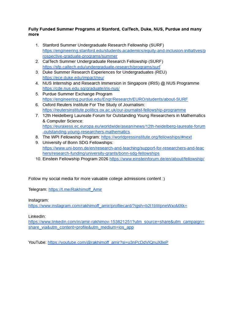 Fully Funded Summer Programs at Stanford, CalTech, Duke, NUS, Purdue | PDF
