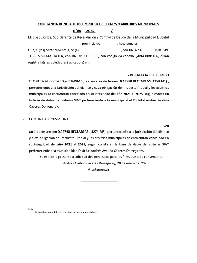 CONSTANCIA DE NO ADEUDO IMPUESTO PREDIAL Y | PDF