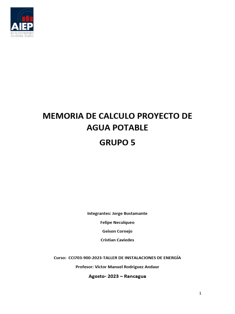 MEMORIA DE CALCULO PORYECTO DE AGUA POTABLE GRUPO N°5 | PDF | Ingeniería de Edificación ...