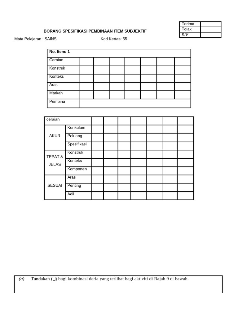 BORANG SPESIFIKASI PEMBINAAN ITEM SUBJEKTIF SC UASA F3 2024 Bah B | PDF