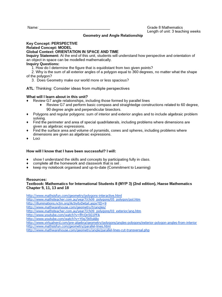 Grade 8 Geometry: Angle Relationships | PDF | Geometry | Area