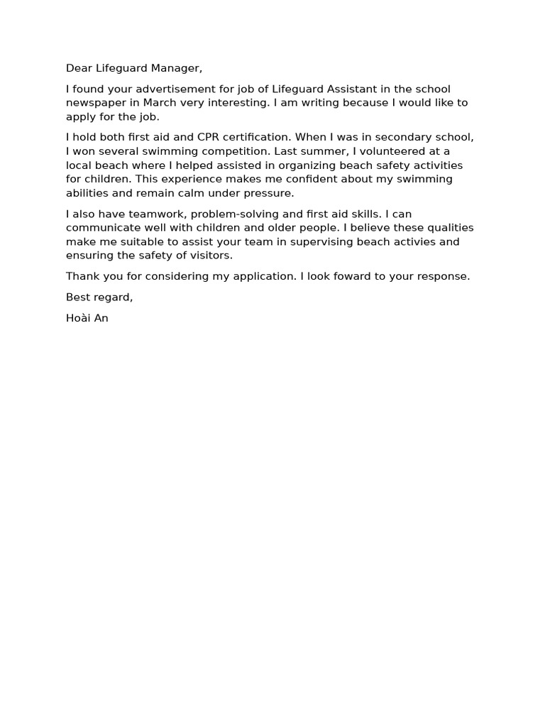 Lifeguard Assistant Job Application | PDF