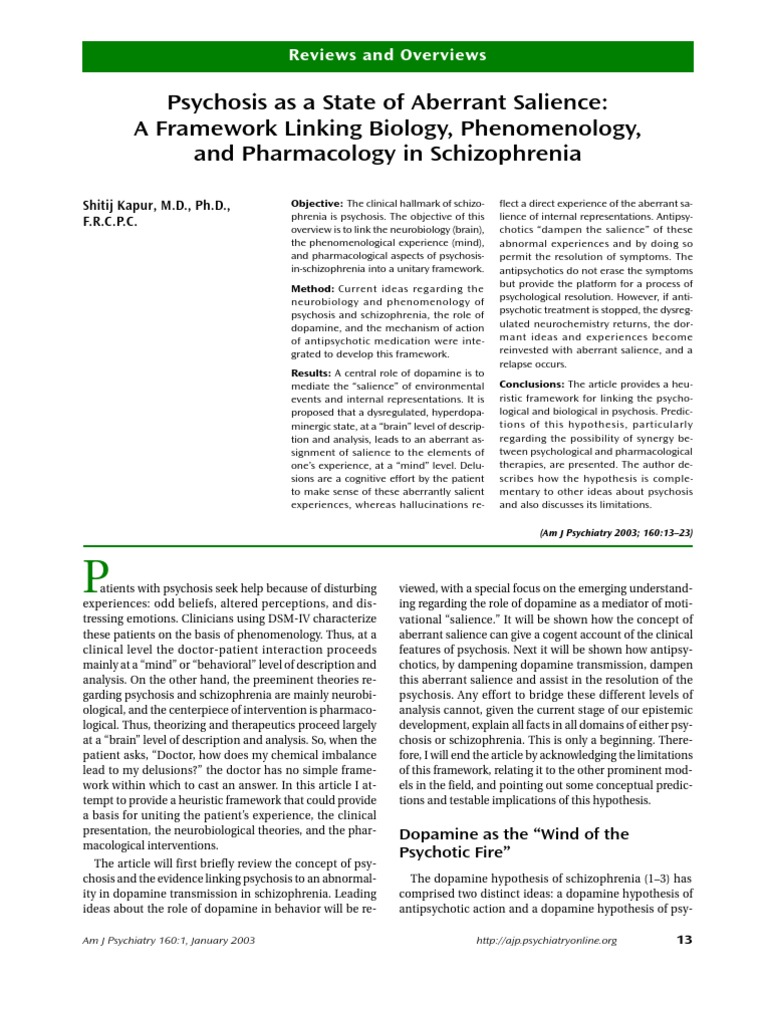 Psychosis As A State of Aberrant Salience: A Framework Linking Biology ...