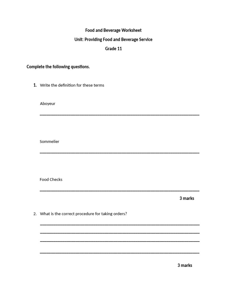 Grade 11 Food and Beverage Worksheet | PDF | Waiting Staff | Cuisine