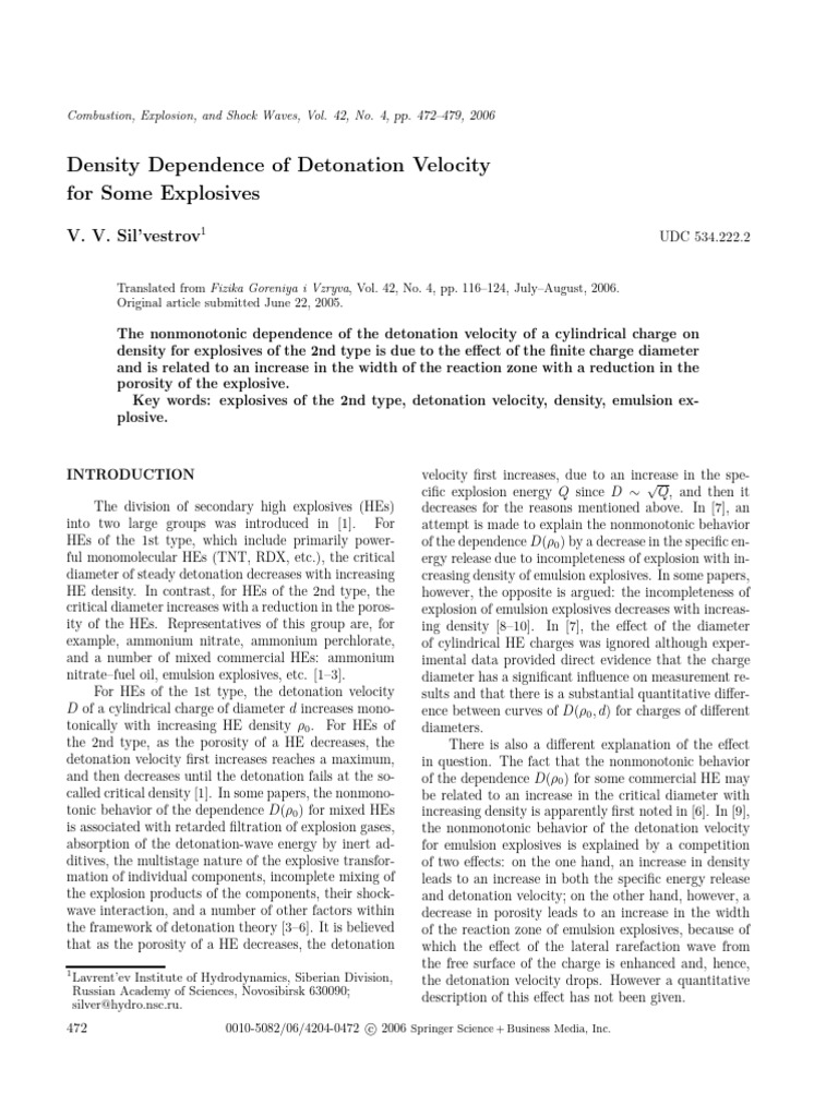 2006 Density Dependence of Detonation Velocity for Some Explosives | PDF