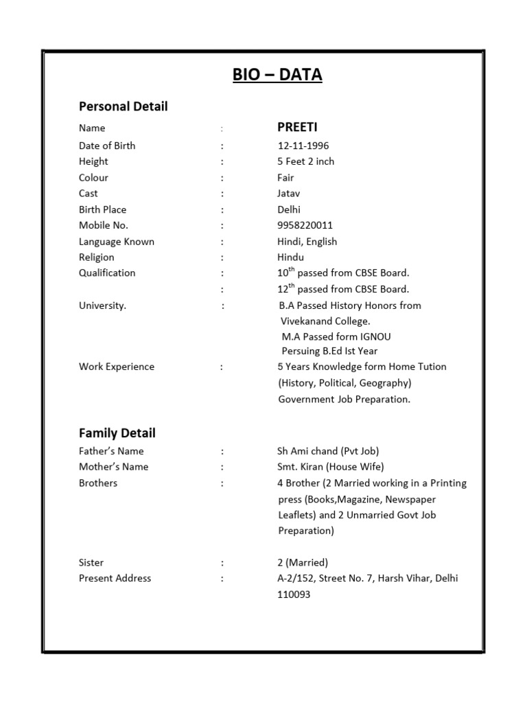 Preeti Bio Data | PDF
