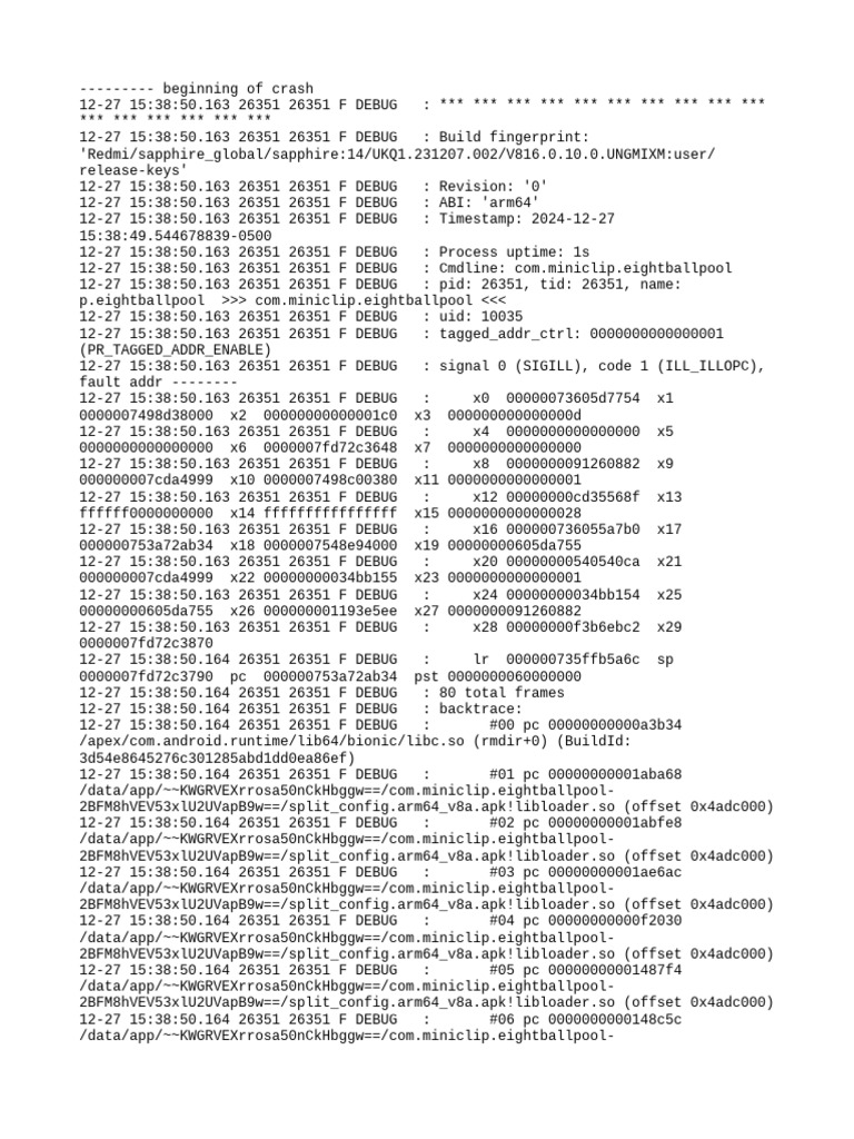 Eight Ball Pool Crash Log Analysis | PDF | Software Development | Operating System Technology