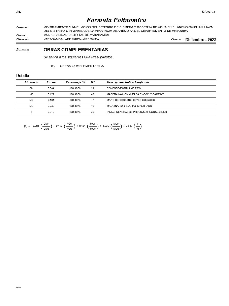 Formula Pol Obras Complementarias | PDF