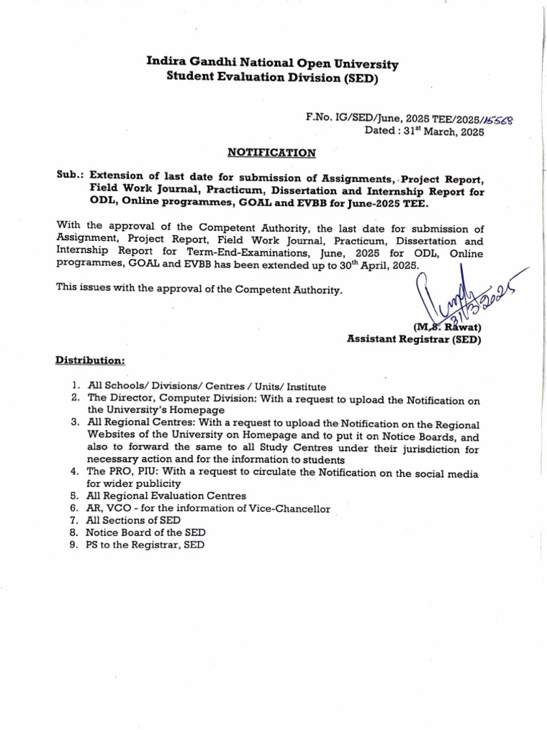 Notification Extension of Date For Submission of Assignment Project Etc June 2025 TEE | PDF