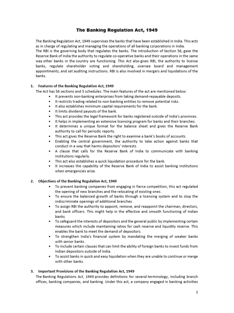 Overview of Banking Regulation Act, 1949 | PDF | Banks | Reserve Bank ...