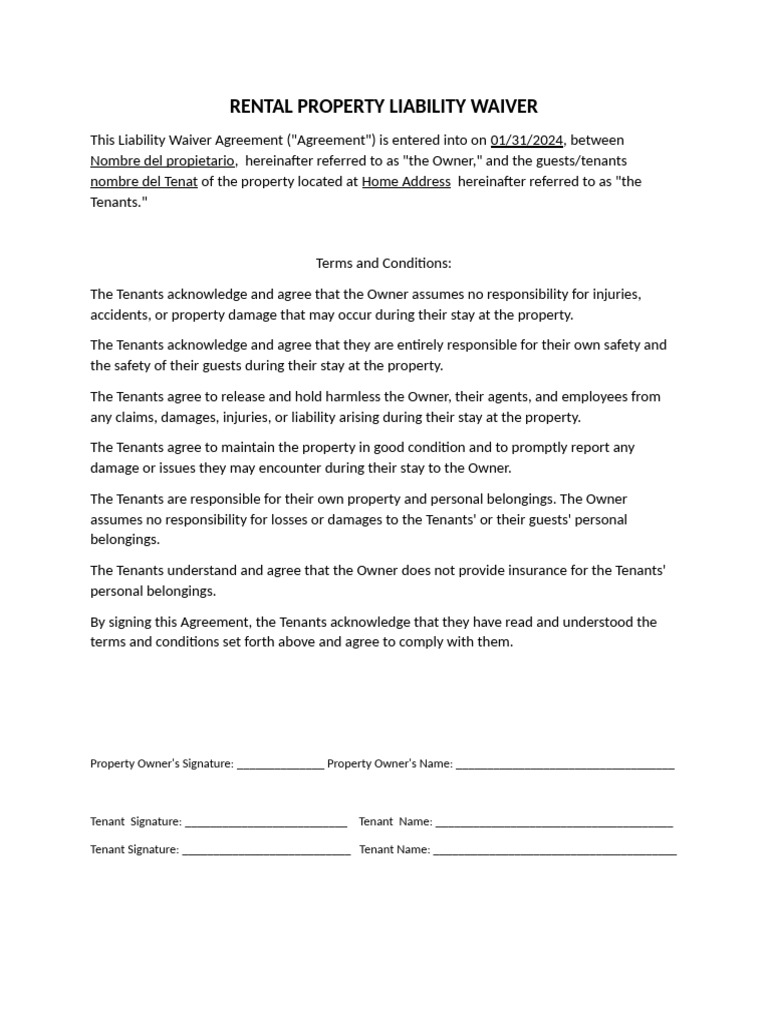 Rental Property Liability Waiver Agreement | PDF