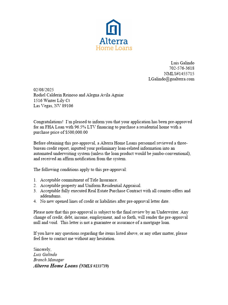 Pre-approval Letter 500k FHA | PDF