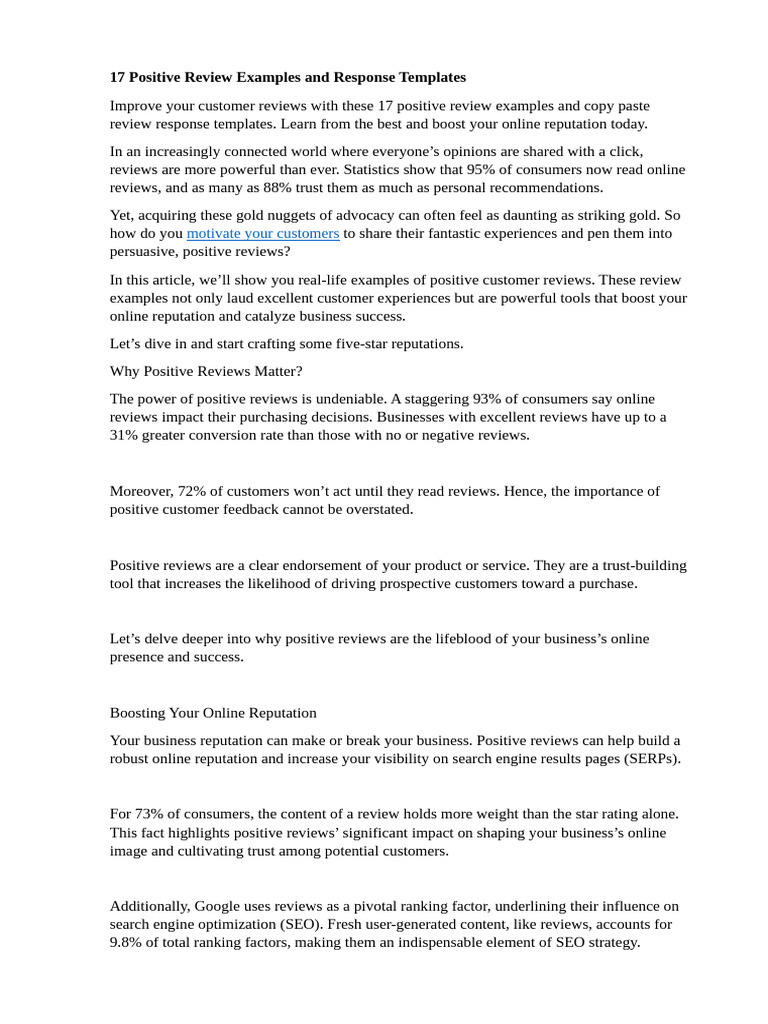 17 Positive Review Examples and Response Templates | PDF | Customer ...