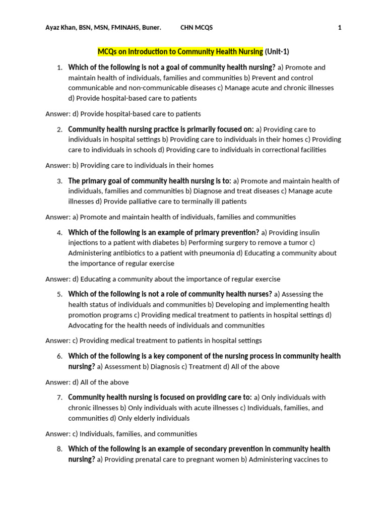 CHN MCQs | PDF | Health Care | Preventive Healthcare