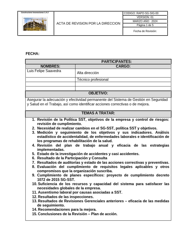 Acta de Revision Por La Direccion CONS | PDF | Auditoría