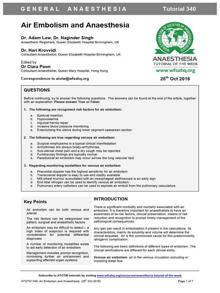 Air Embolism in Anaesthesia Overview | PDF | Heart | Embolism