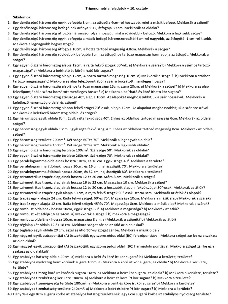 Trigonometria Feladatok | PDF