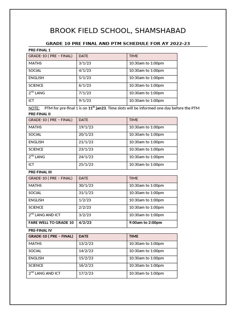 Pre-Final Grade 10 Schedule 22-23 | PDF