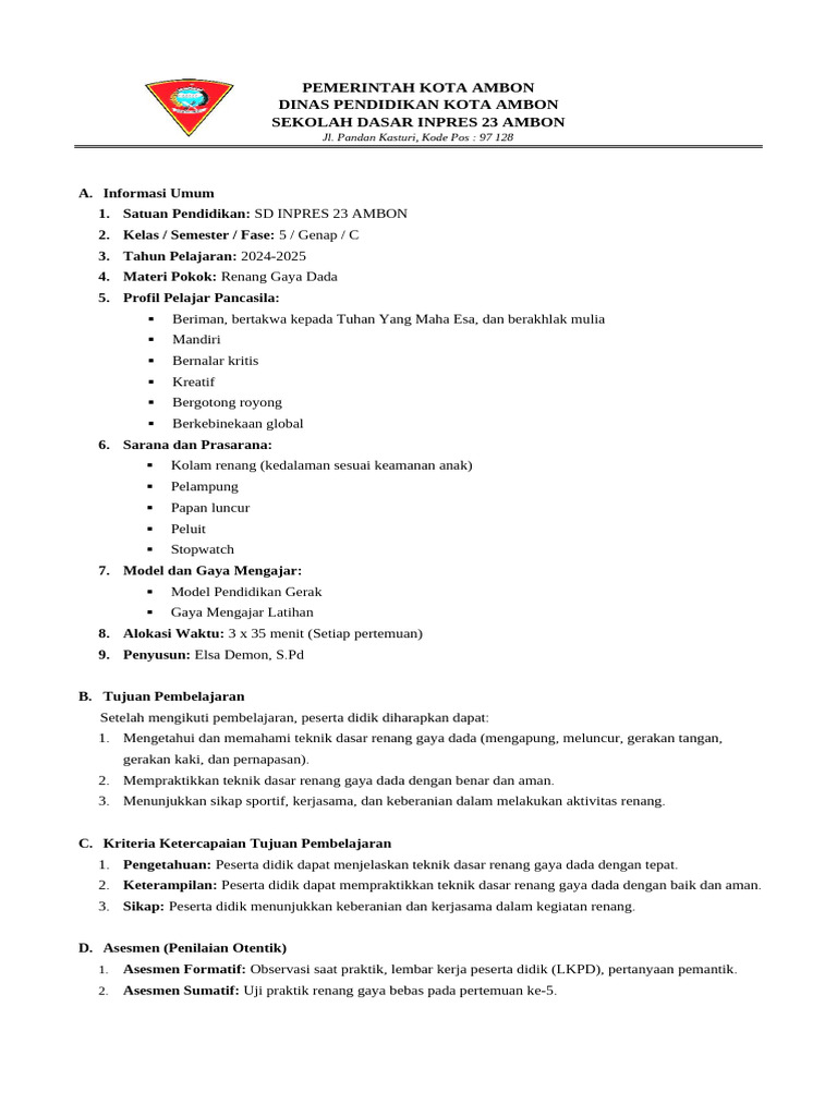 Modul Ajar Renang Kelas 5 | PDF
