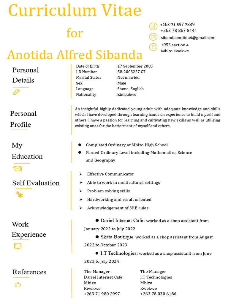 Curriculum Vitae For Anotida Alfred Sibanda.. | PDF